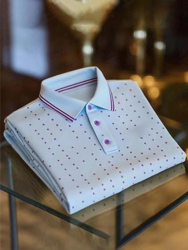 Men's Classic Business Short Sleeve Polo Shirt Polyester Plaid Loose F ...