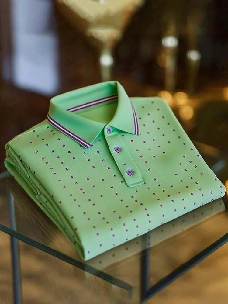 Men's Classic Business Short Sleeve Polo Shirt Polyester Plaid Loose F ...