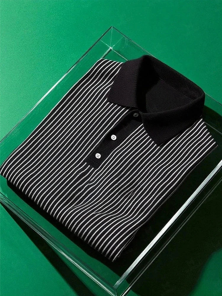 Men's Business Casual Striped Button Short Sleeve Polo Shirt Polyester ...