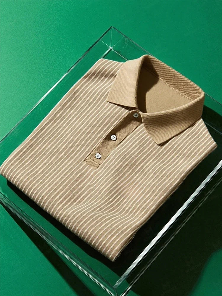 Men's Business Casual Striped Button Short Sleeve Polo Shirt Polyester ...