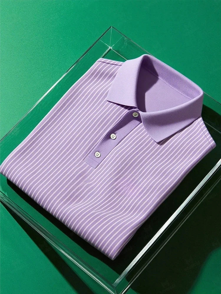 Men's Business Casual Striped Button Short Sleeve Polo Shirt Polyester ...