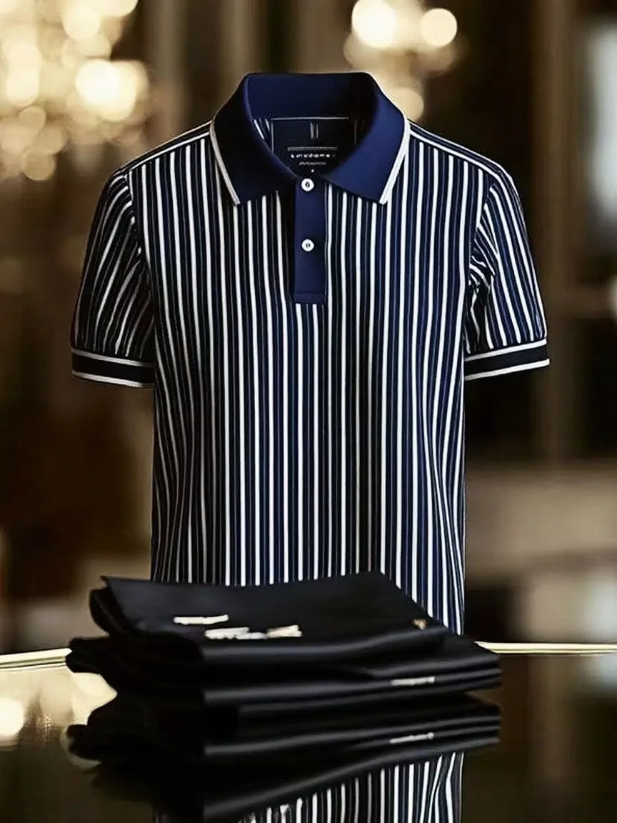 Men's Striped Business Lapel Short Sleeve Polo Shirt with Mixed Print ...
